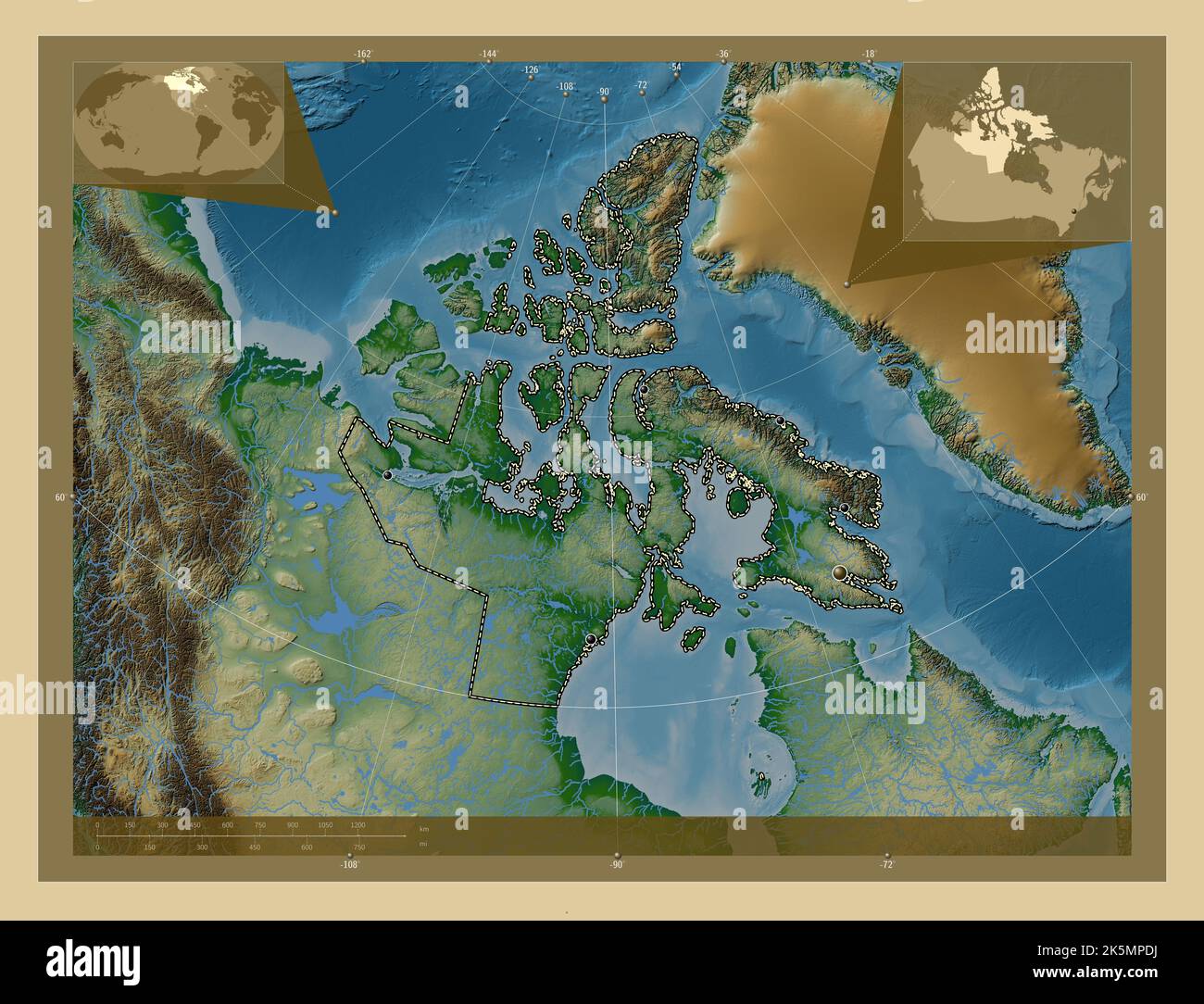 Nunavut, territory of Canada. Colored elevation map with lakes and ...