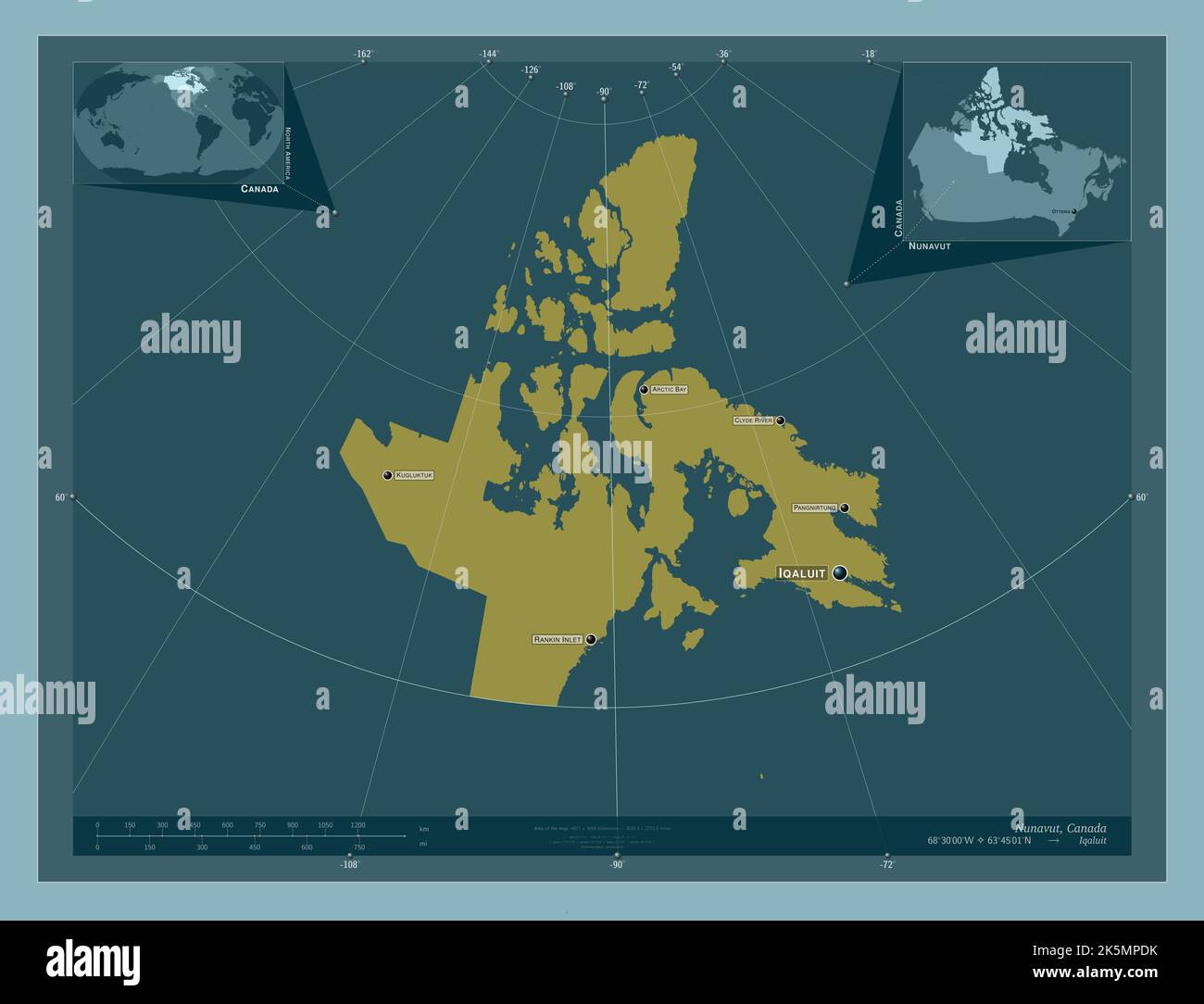 Nunavut, territory of Canada. Solid color shape. Locations and names of ...