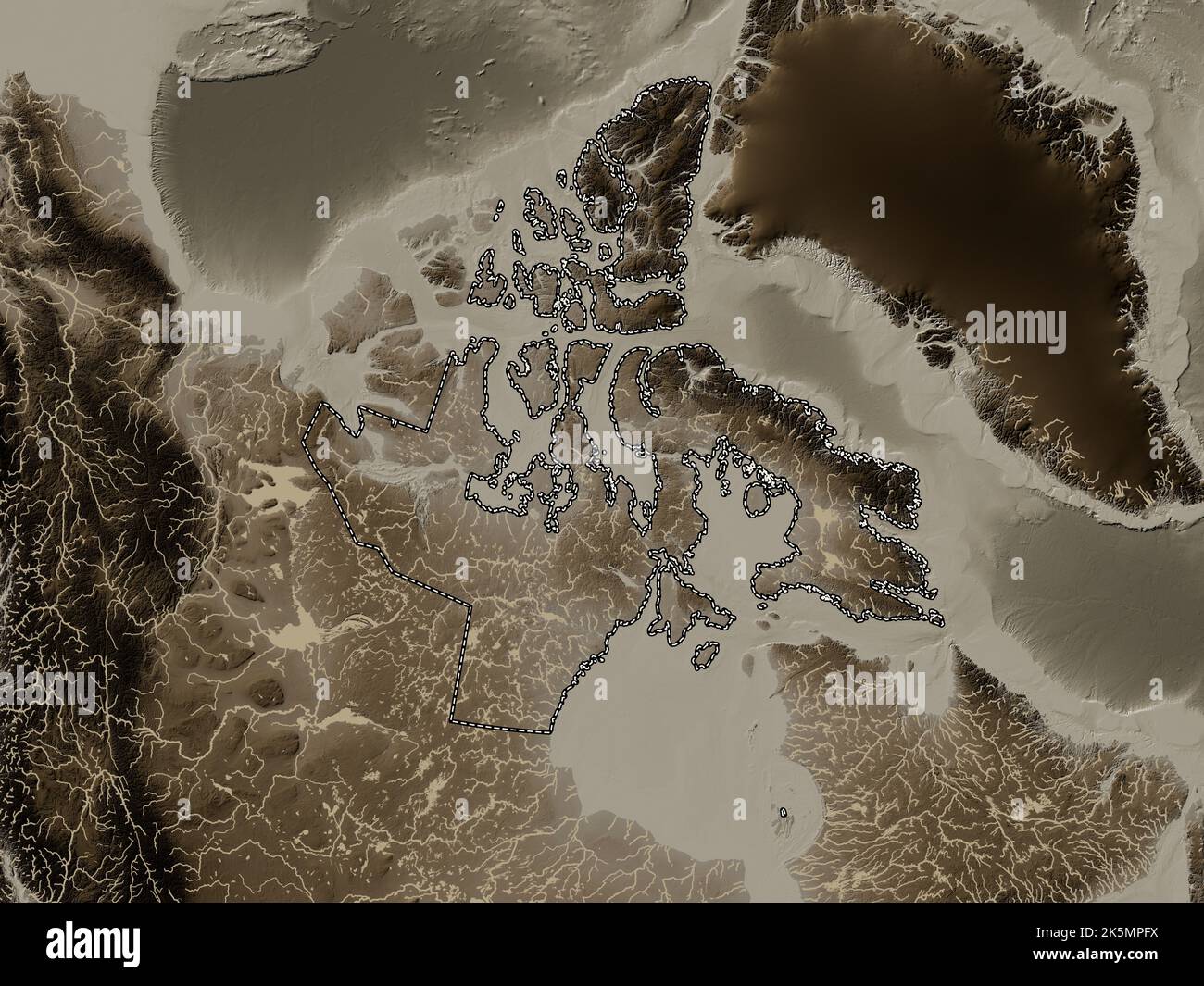 Nunavut, territory of Canada. Elevation map colored in sepia tones with ...