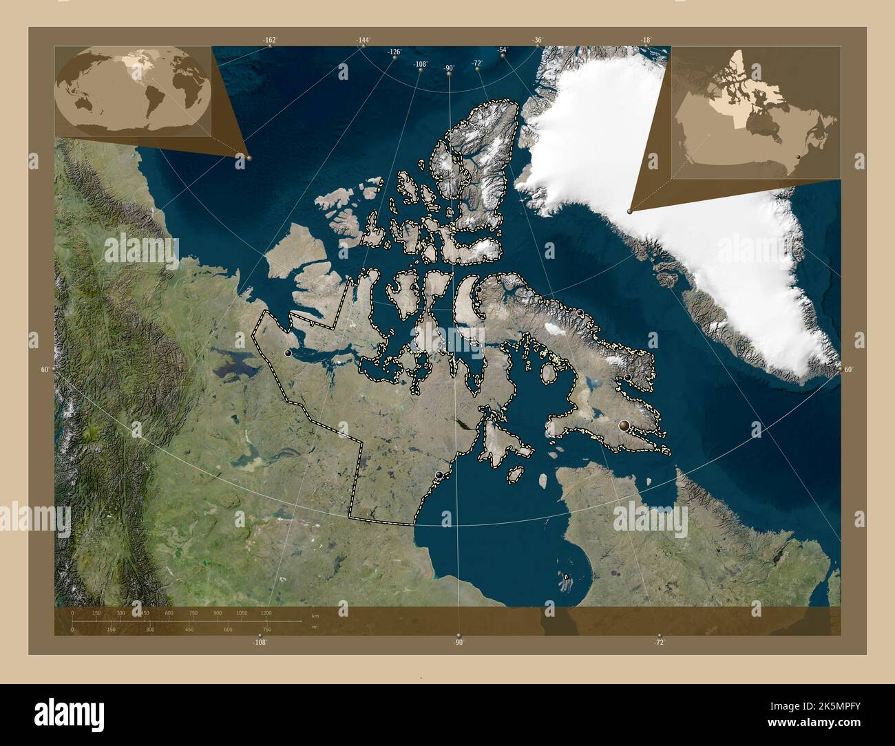 Nunavut, territory of Canada. Low resolution satellite map. Locations ...