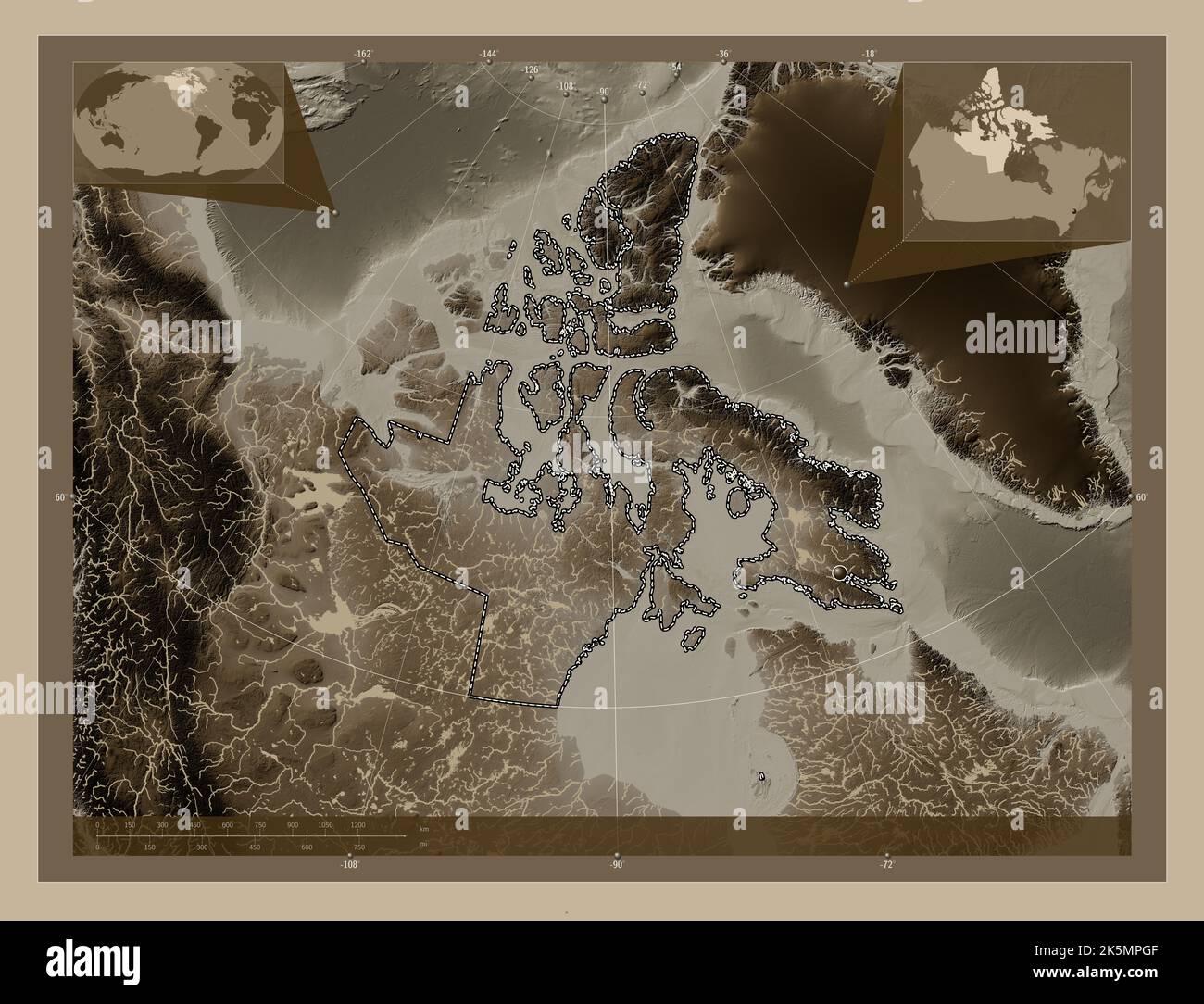 Nunavut, territory of Canada. Elevation map colored in sepia tones with ...