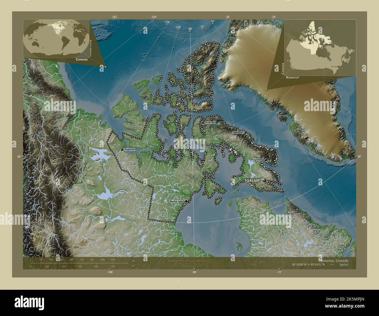 Nunavut, territory of Canada. Elevation map colored in wiki style with lakes and rivers ...