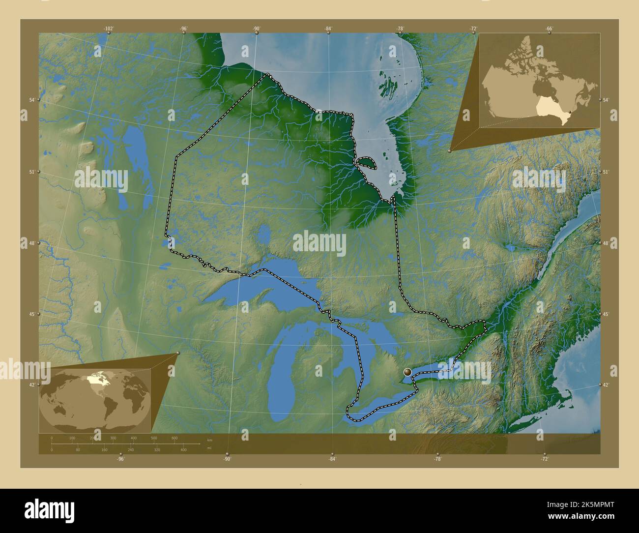 Ontario, province of Canada. Colored elevation map with lakes and ...
