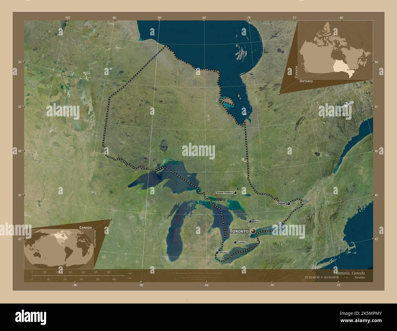 Ontario, province of Canada. Low resolution satellite map. Locations ...
