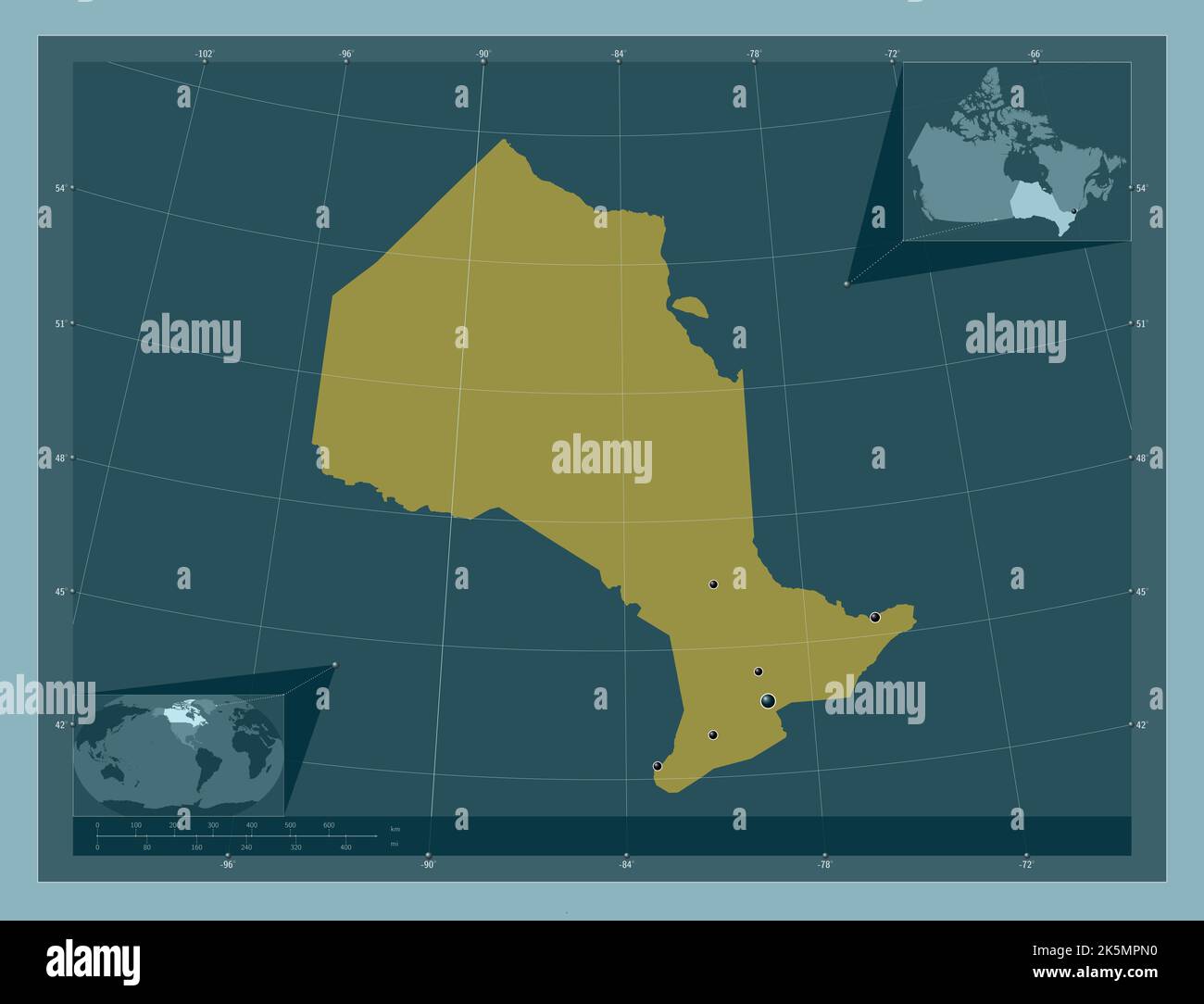 Ontario, province of Canada. Solid color shape. Locations of major ...