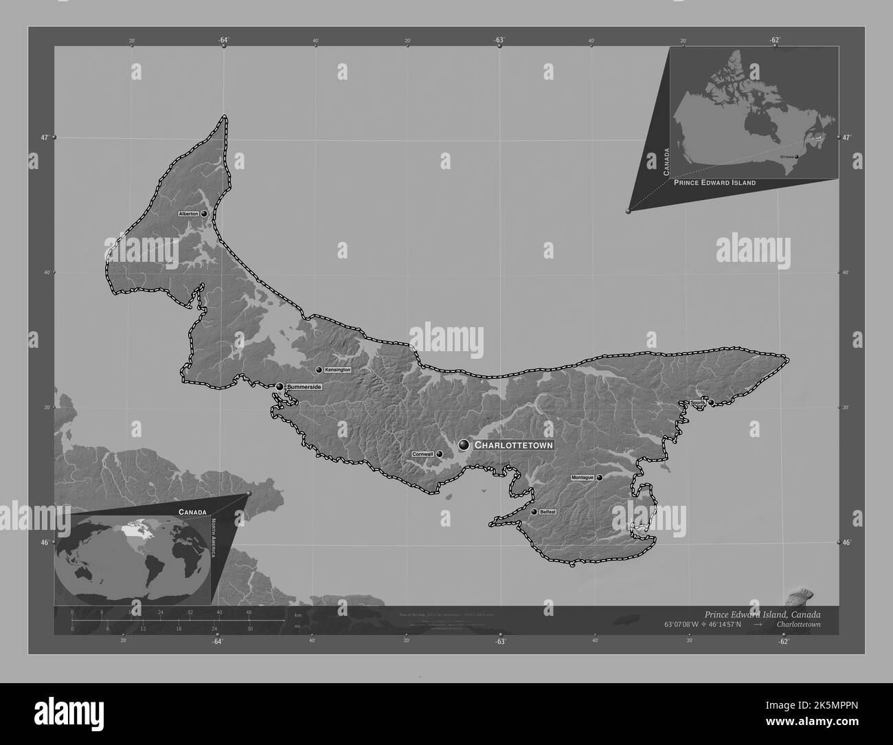 Prince Edward Island, province of Canada. Bilevel elevation map with ...