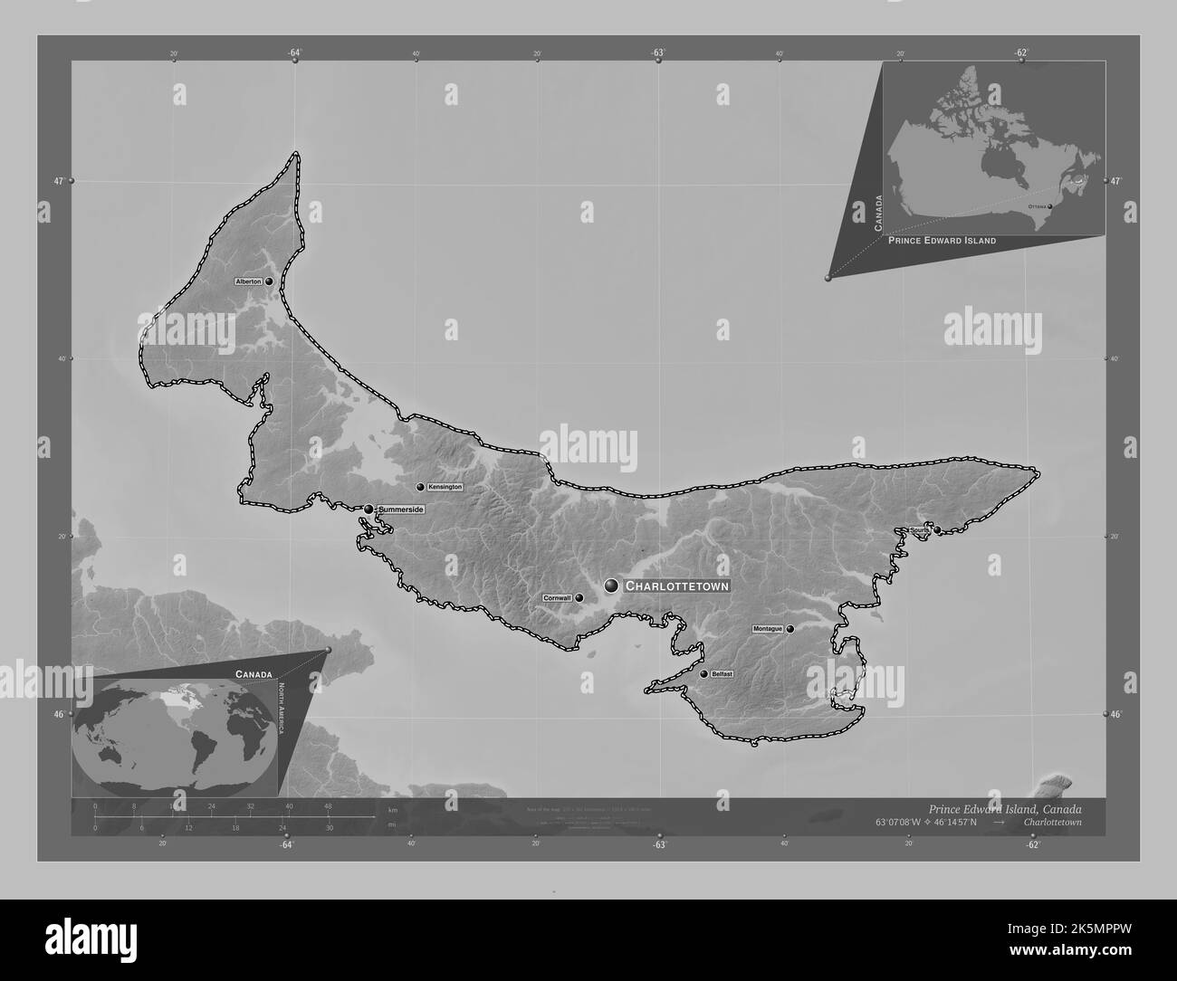 Prince Edward Island, province of Canada. Grayscale elevation map with ...