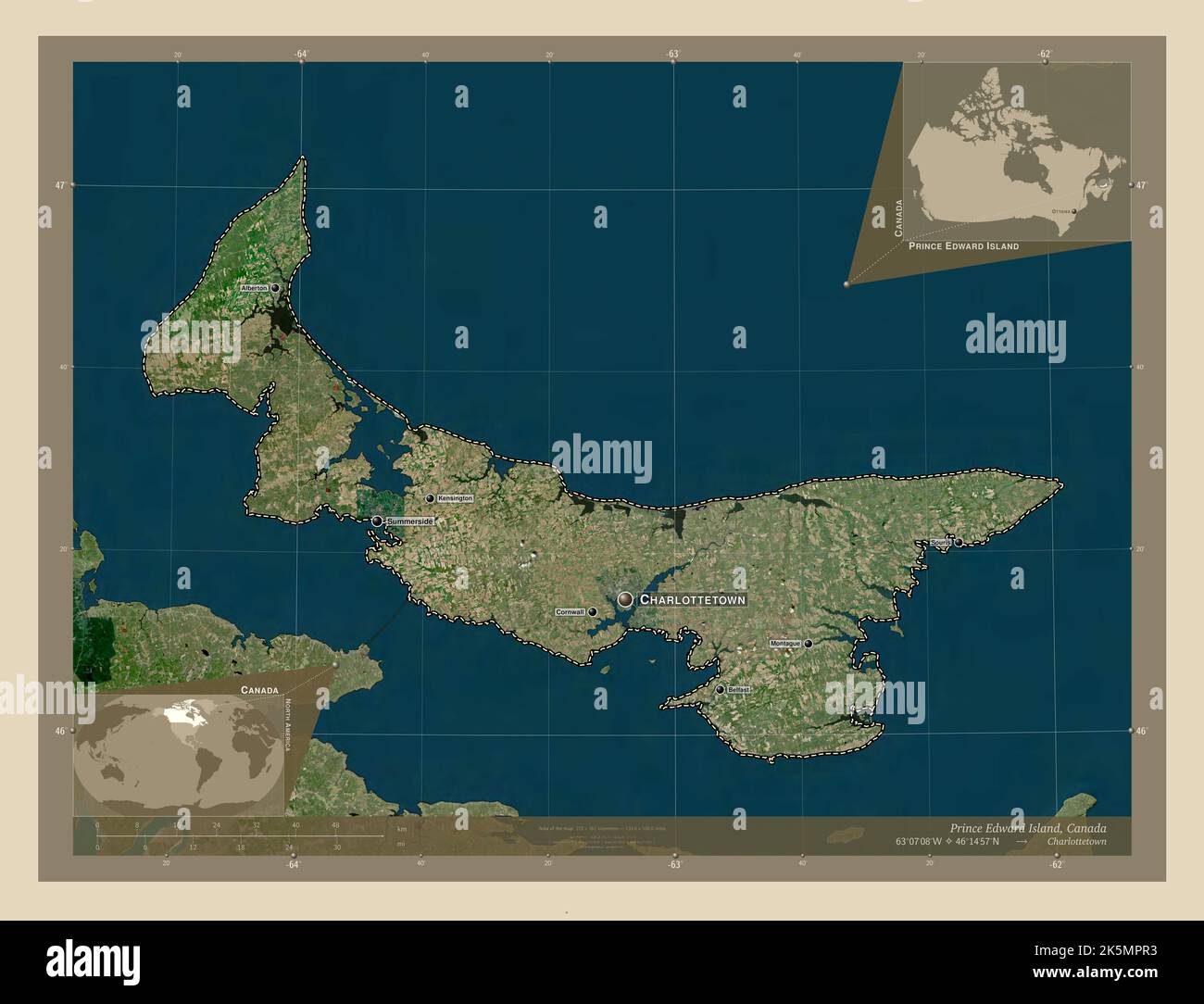 Prince Edward Island, province of Canada. High resolution satellite map. Locations and names of ...