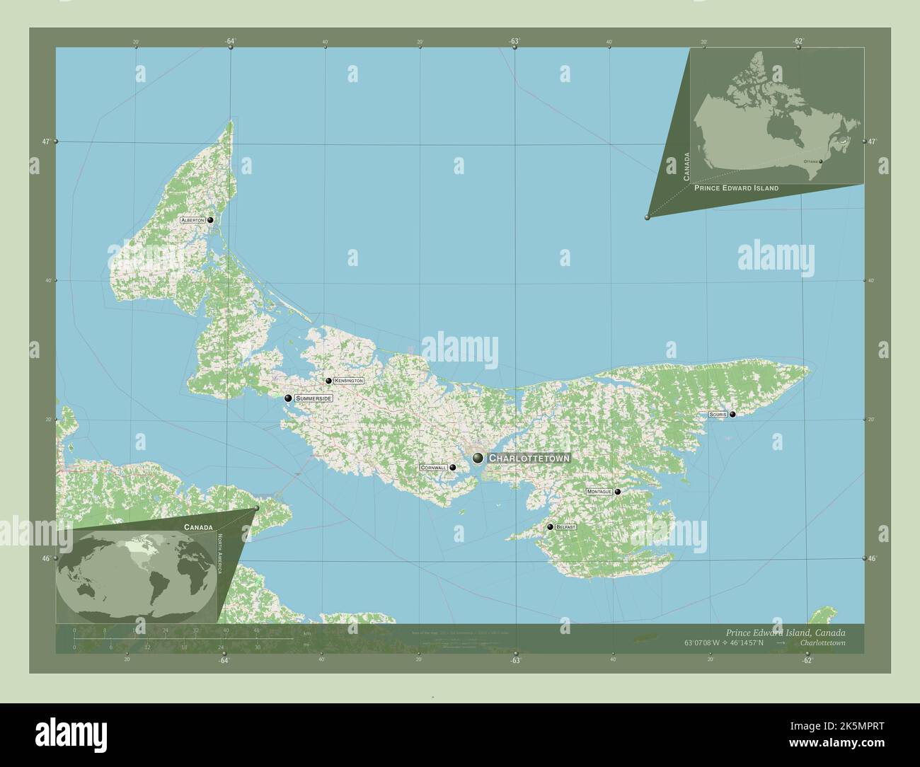Prince Edward Island, province of Canada. Open Street Map. Locations and names of major cities ...