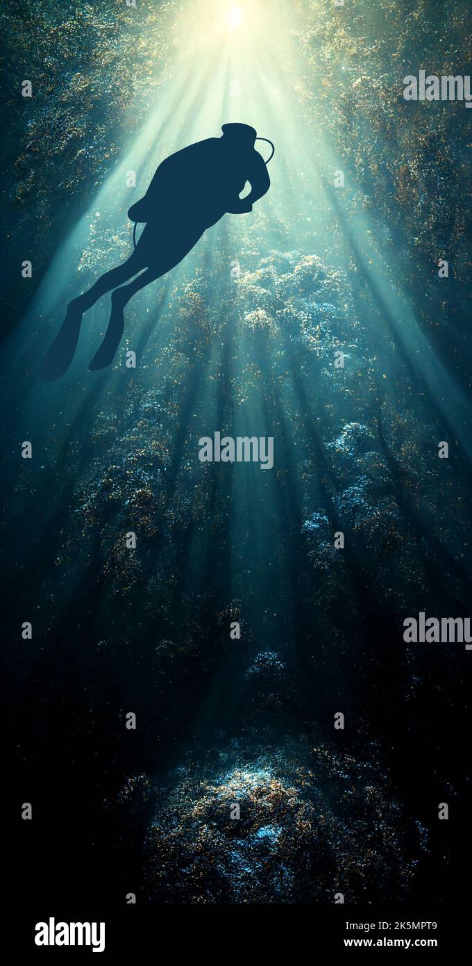 Scuba diving under deep blue sea. Diver swim undersea cave with sun ray ...