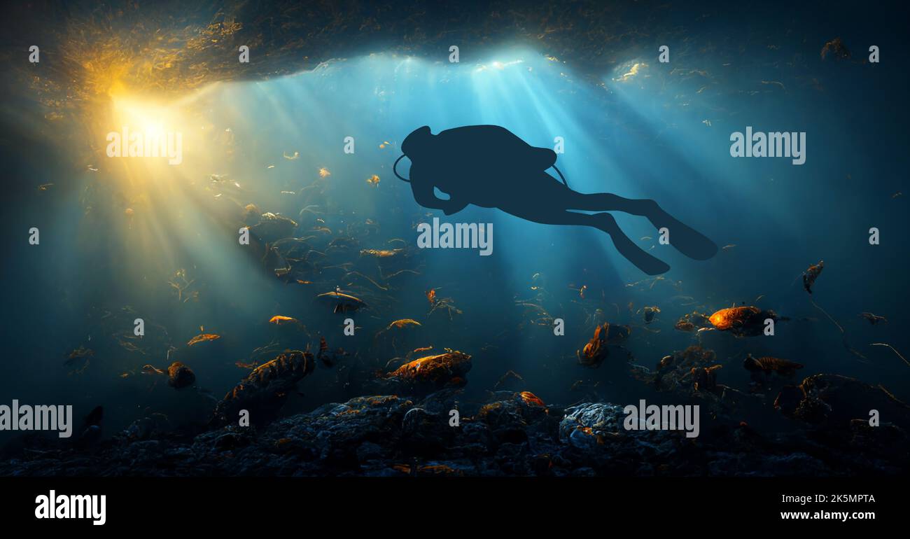 Scuba diving under deep blue sea. Diver swim undersea cave with sun ray ...