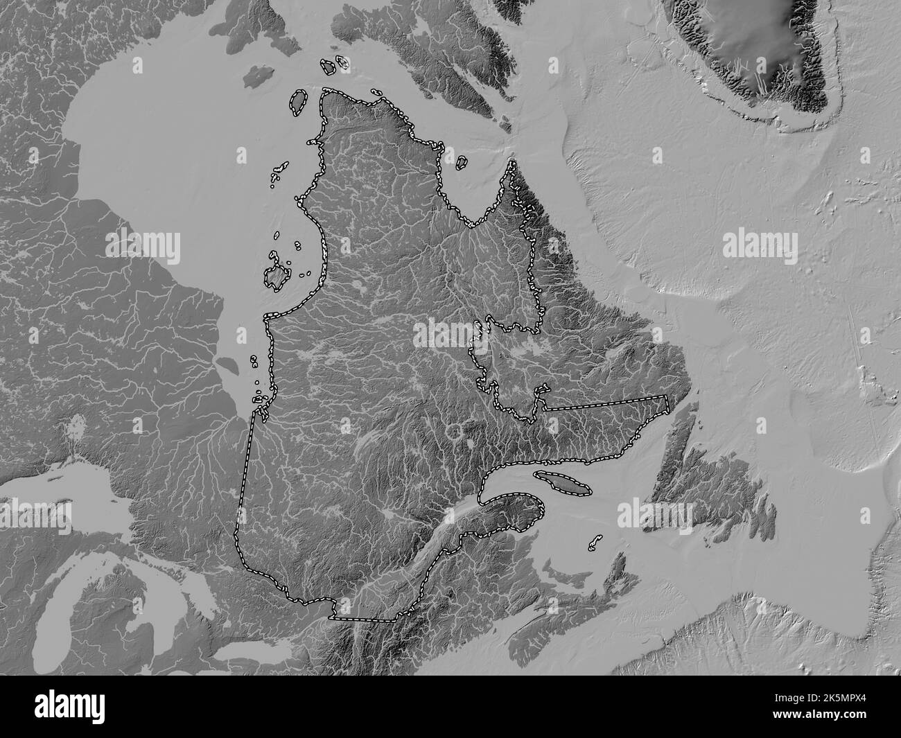 Quebec, province of Canada. Bilevel elevation map with lakes and rivers ...