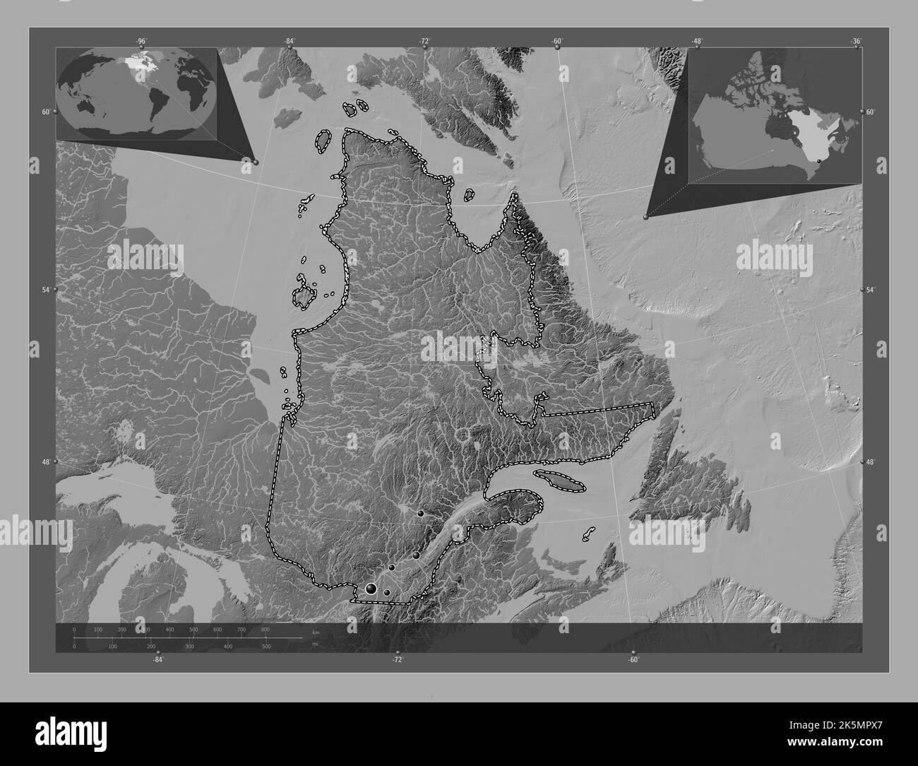 Quebec, province of Canada. Bilevel elevation map with lakes and rivers ...