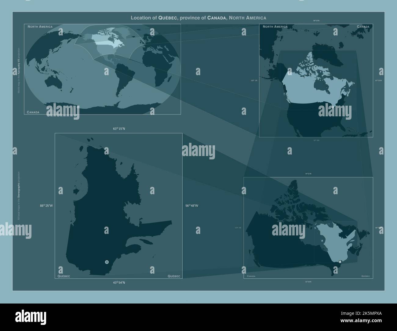 Quebec, province of Canada. Diagram showing the location of the region ...