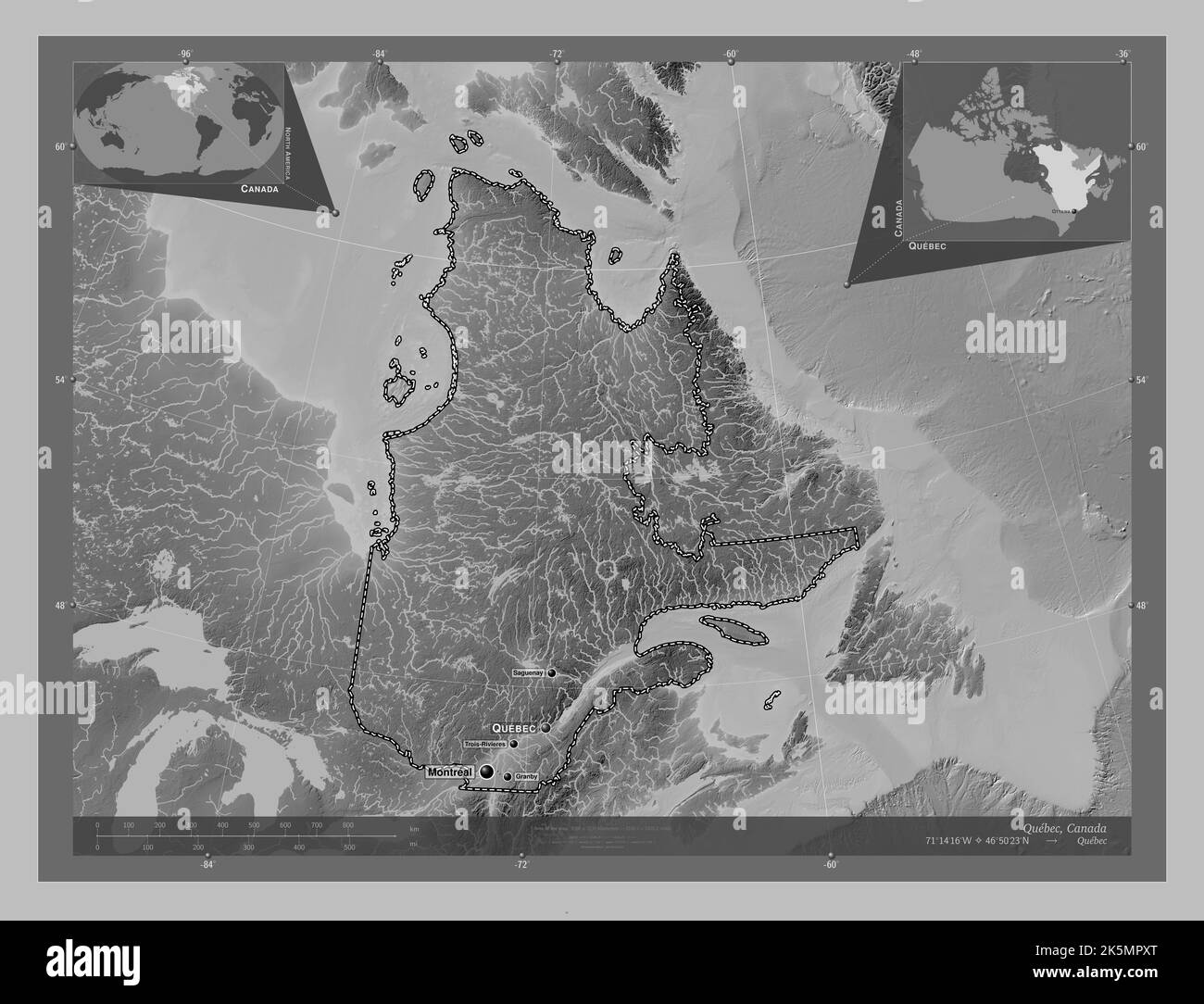 Quebec, province of Canada. Grayscale elevation map with lakes and rivers. Locations and names ...