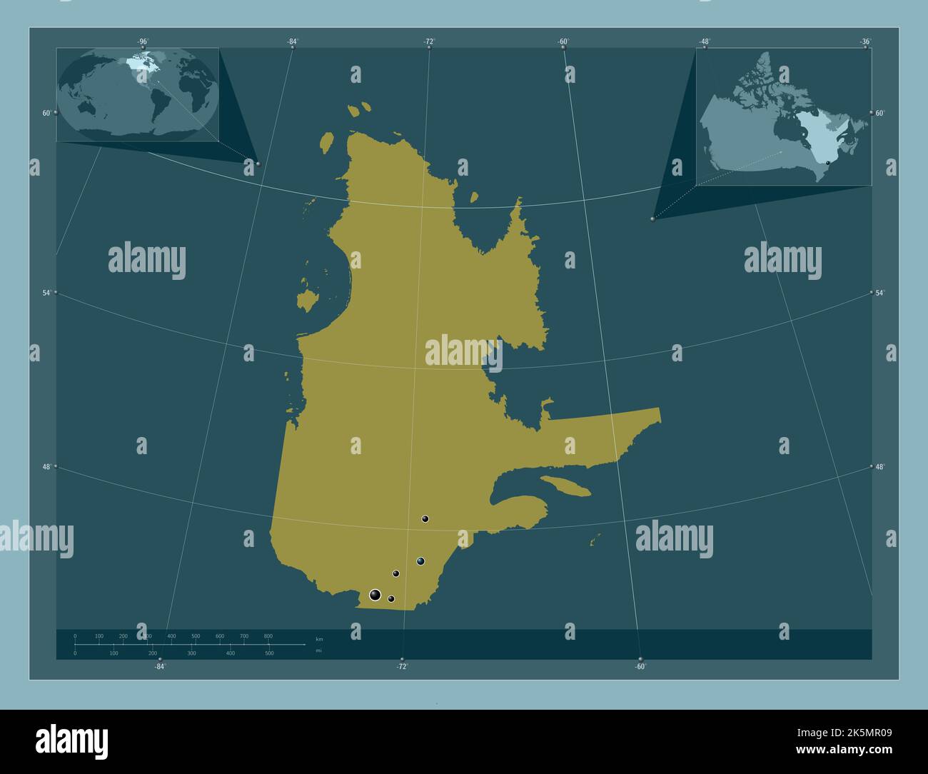 Quebec, province of Canada. Solid color shape. Locations of major ...