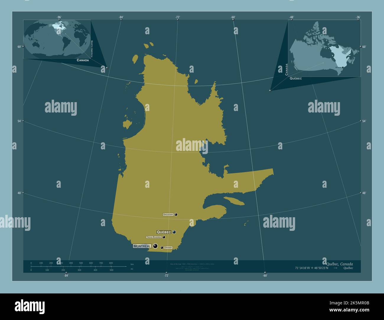 Quebec, province of Canada. Solid color shape. Locations and names of ...