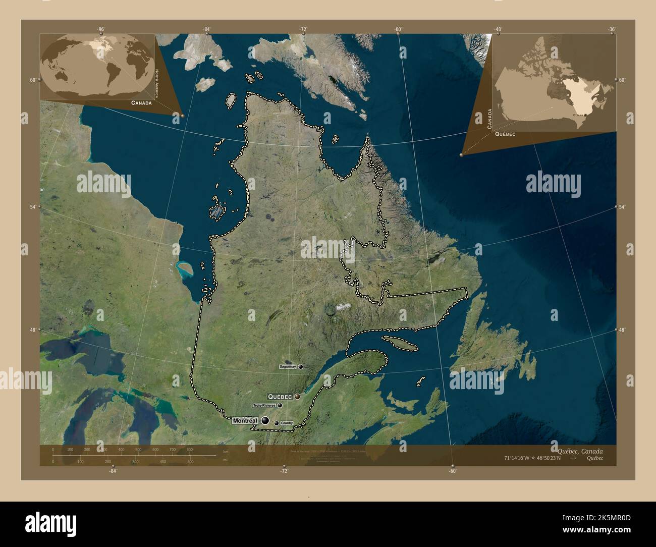 Quebec, province of Canada. Low resolution satellite map. Locations and ...