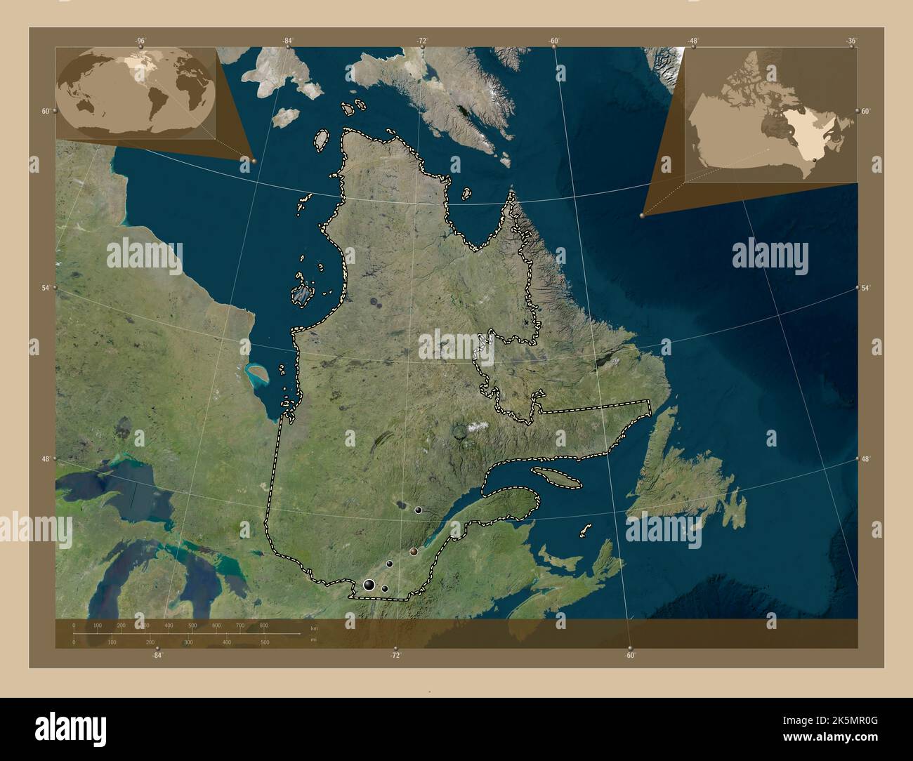 Quebec, province of Canada. Low resolution satellite map. Locations of ...
