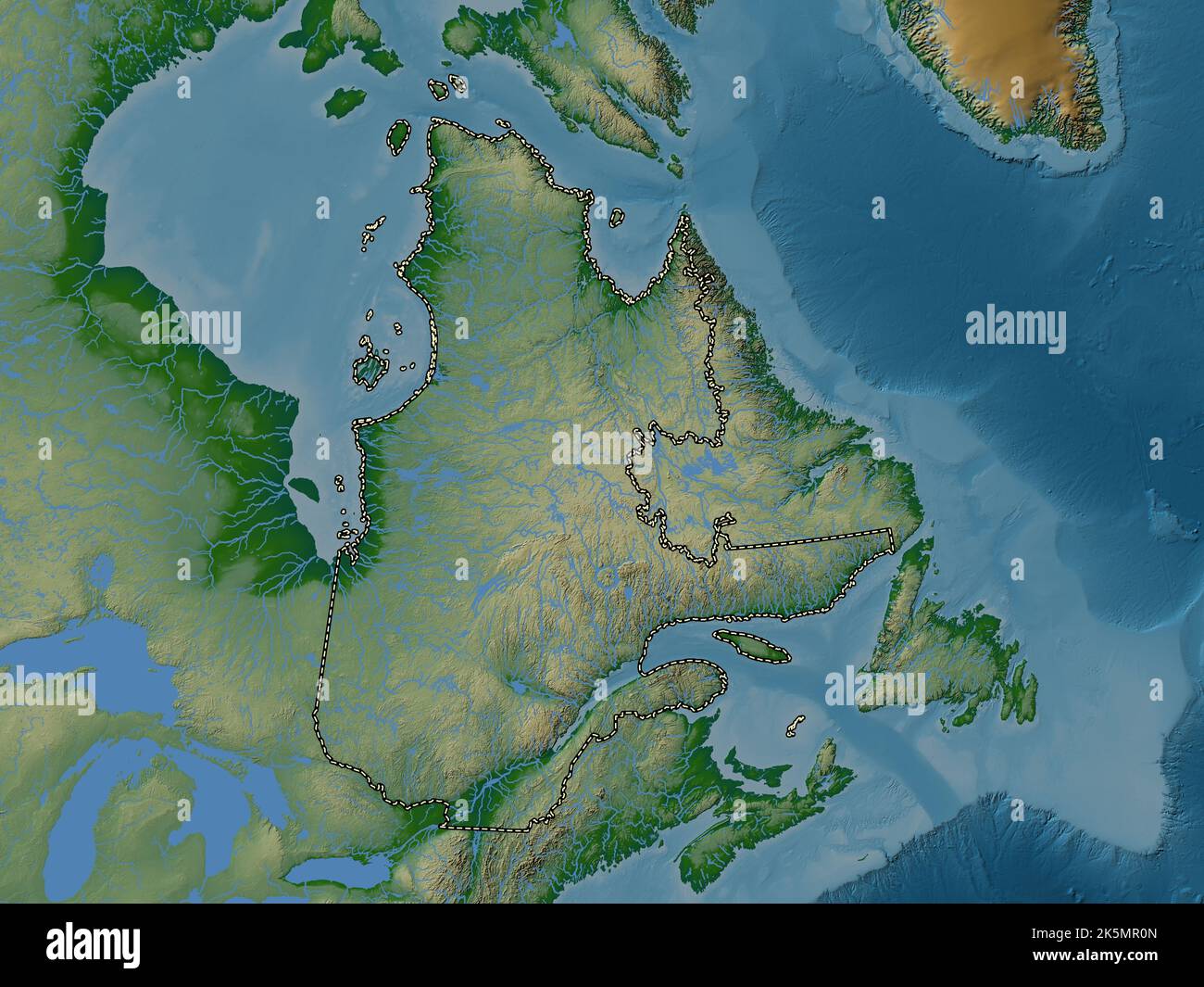 Quebec, province of Canada. Colored elevation map with lakes and rivers ...