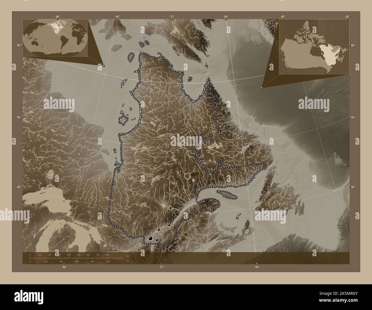 Quebec, province of Canada. Elevation map colored in sepia tones with ...