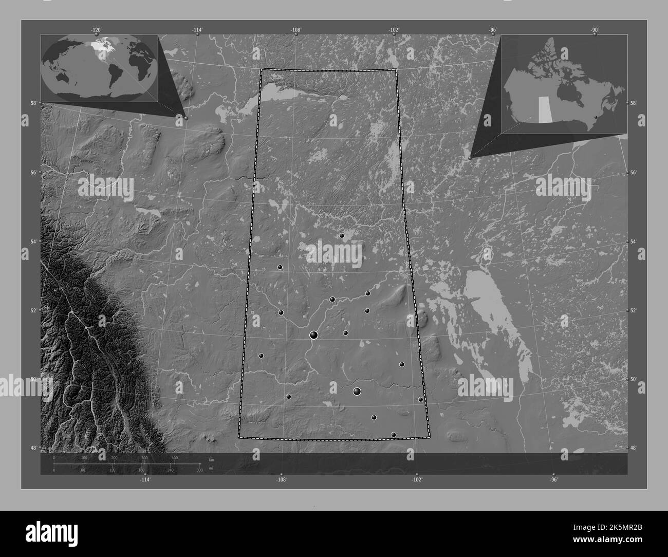 Saskatchewan, province of Canada. Bilevel elevation map with lakes and ...