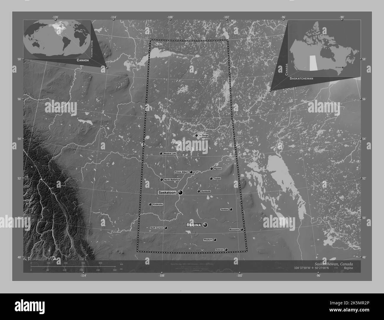Saskatchewan, province of Canada. Grayscale elevation map with lakes ...