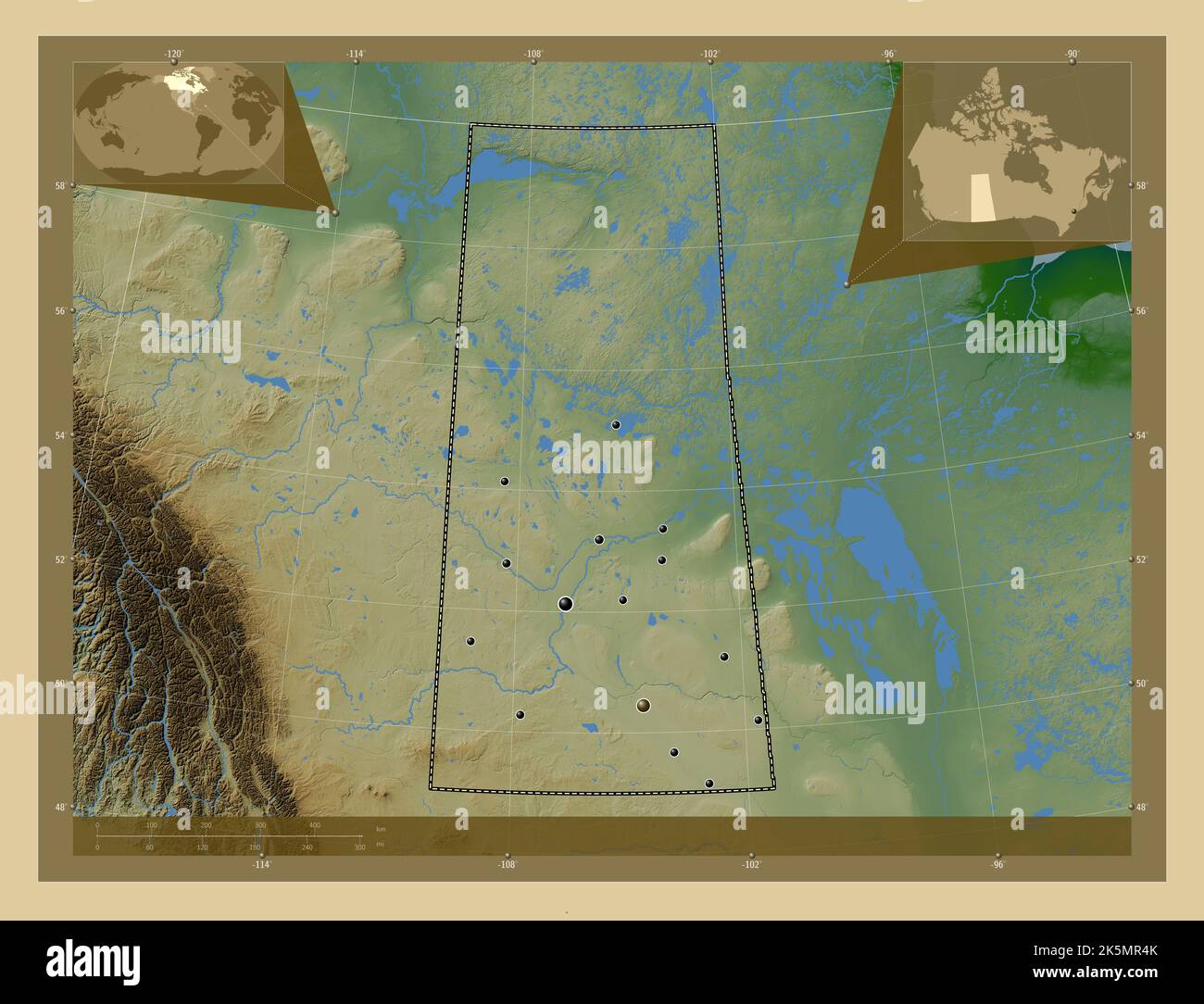 Saskatchewan, province of Canada. Colored elevation map with lakes and rivers. Locations of ...