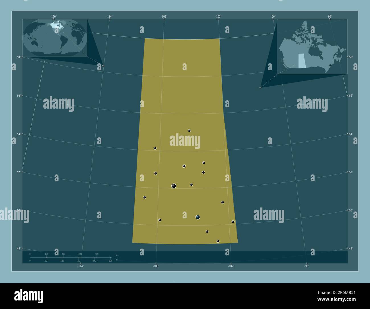 Saskatchewan, province of Canada. Solid color shape. Locations of major ...