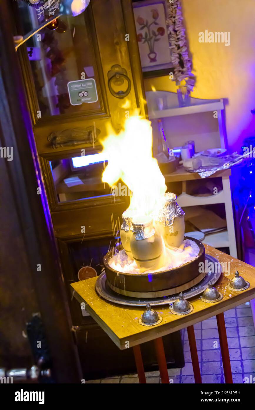 Testi kabab, a traditional Turkish lamb kebab which is cooked over fire ...