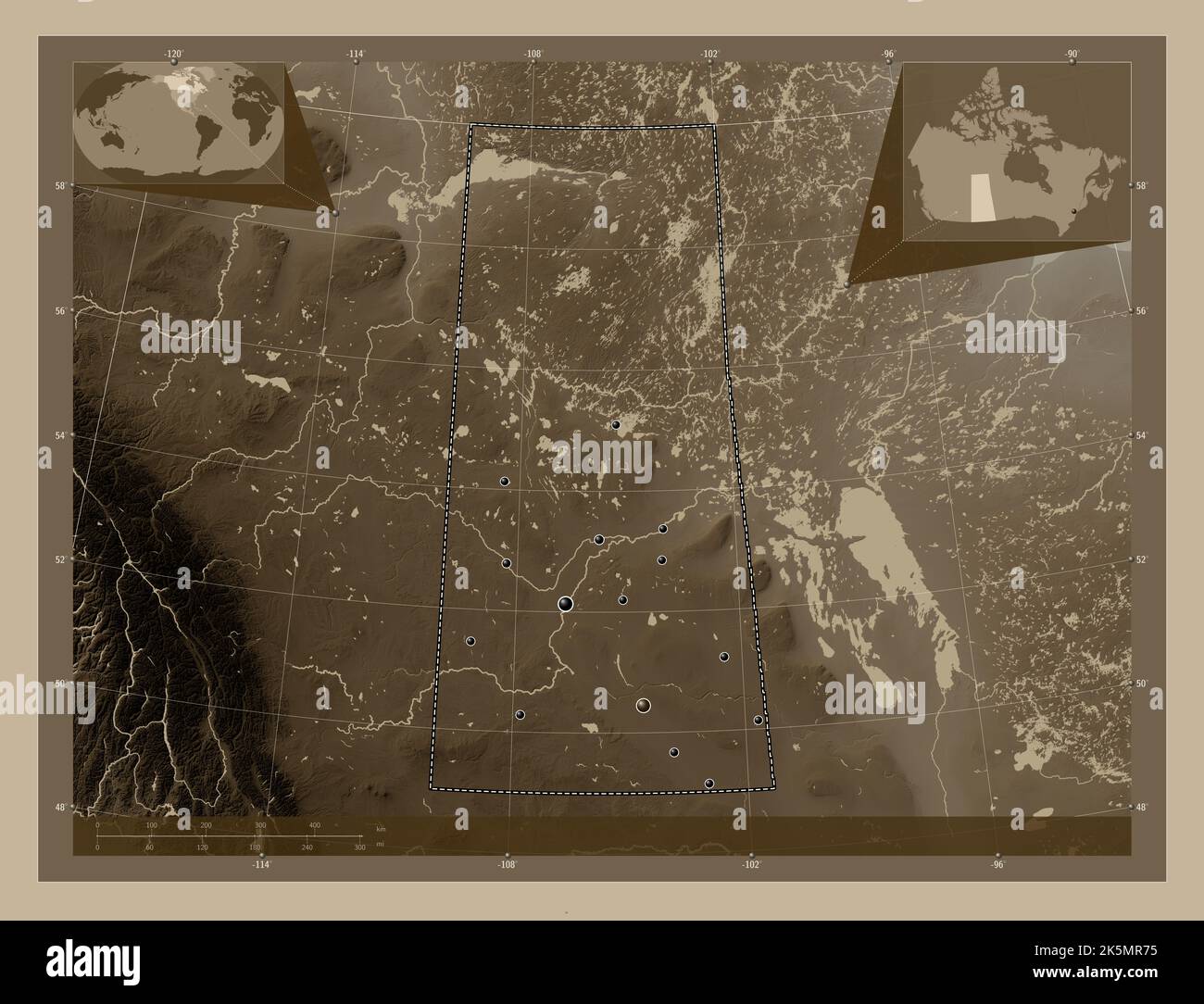 Saskatchewan, province of Canada. Elevation map colored in sepia tones ...
