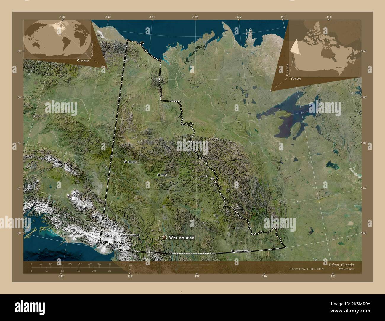Yukon, territory of Canada. Low resolution satellite map. Locations and ...