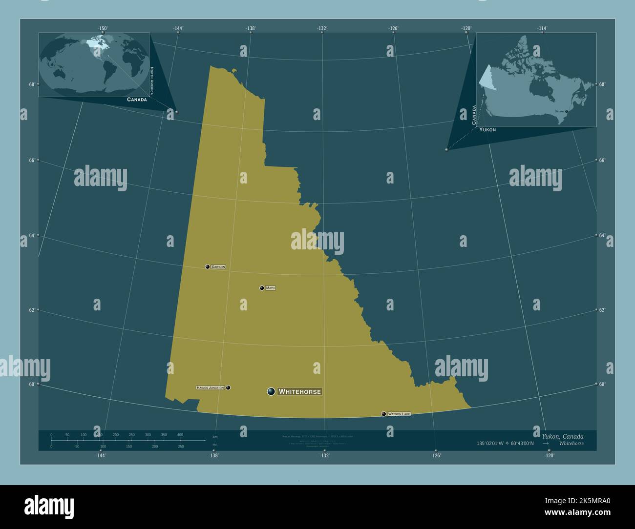 Yukon, territory of Canada. Solid color shape. Locations and names of ...