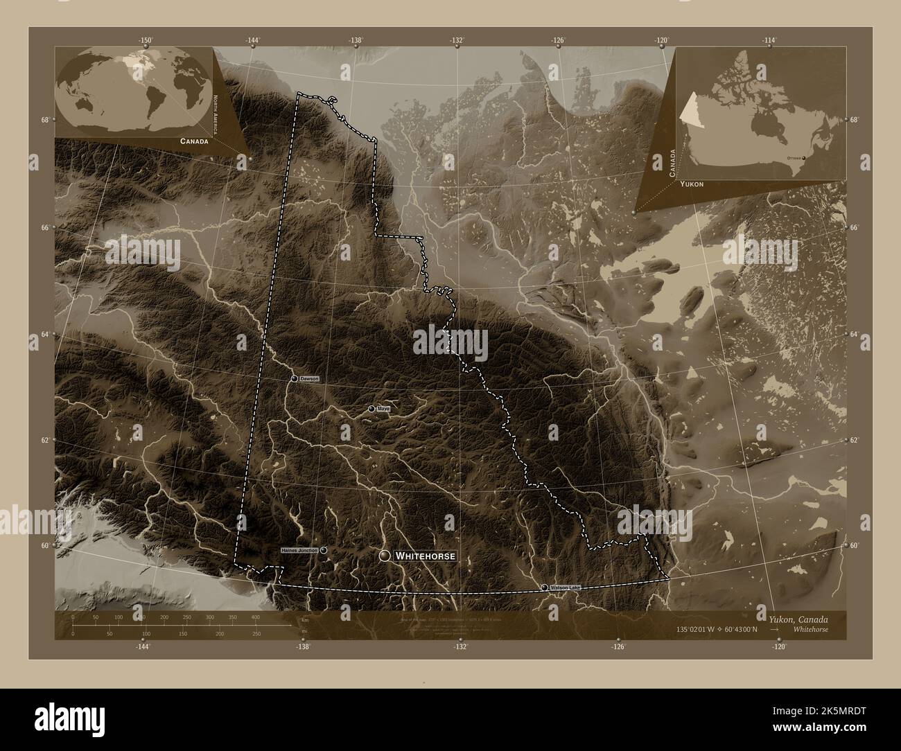 Yukon, territory of Canada. Elevation map colored in sepia tones with ...