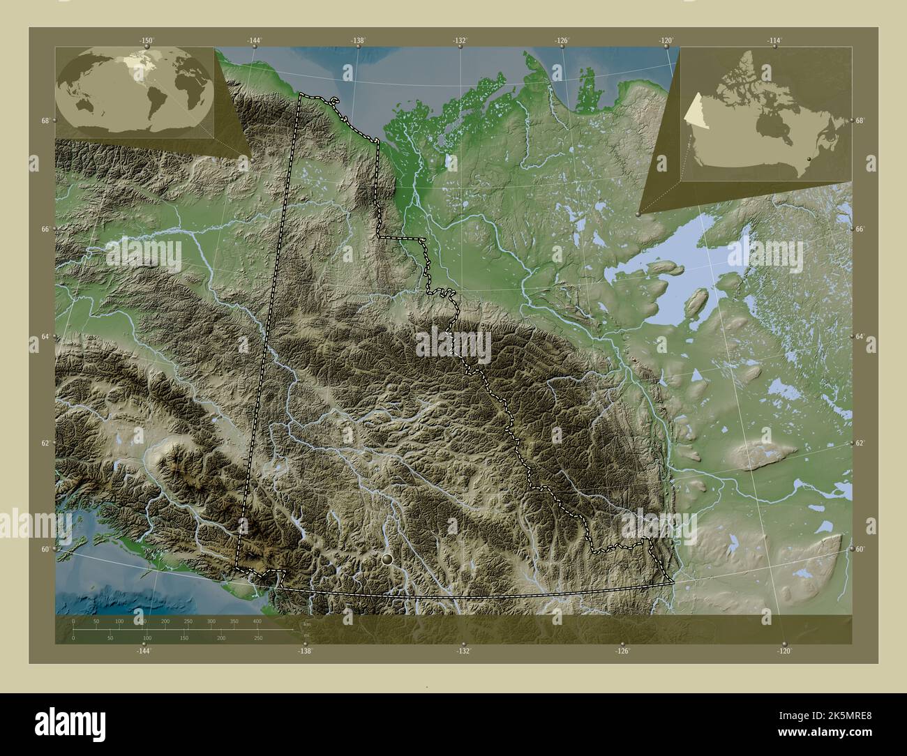 Yukon, territory of Canada. Elevation map colored in wiki style with ...