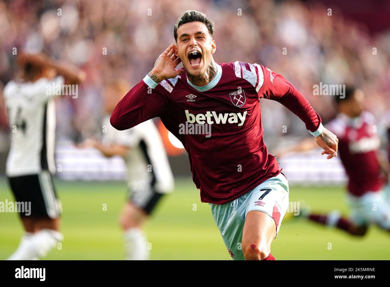 West Ham United's Gianluca Scamacca celebrates scoring their side's ...