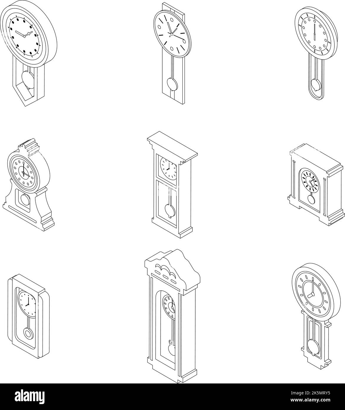 Pendulum clock icons set. Isometric set of pendulum clock vector icons ...