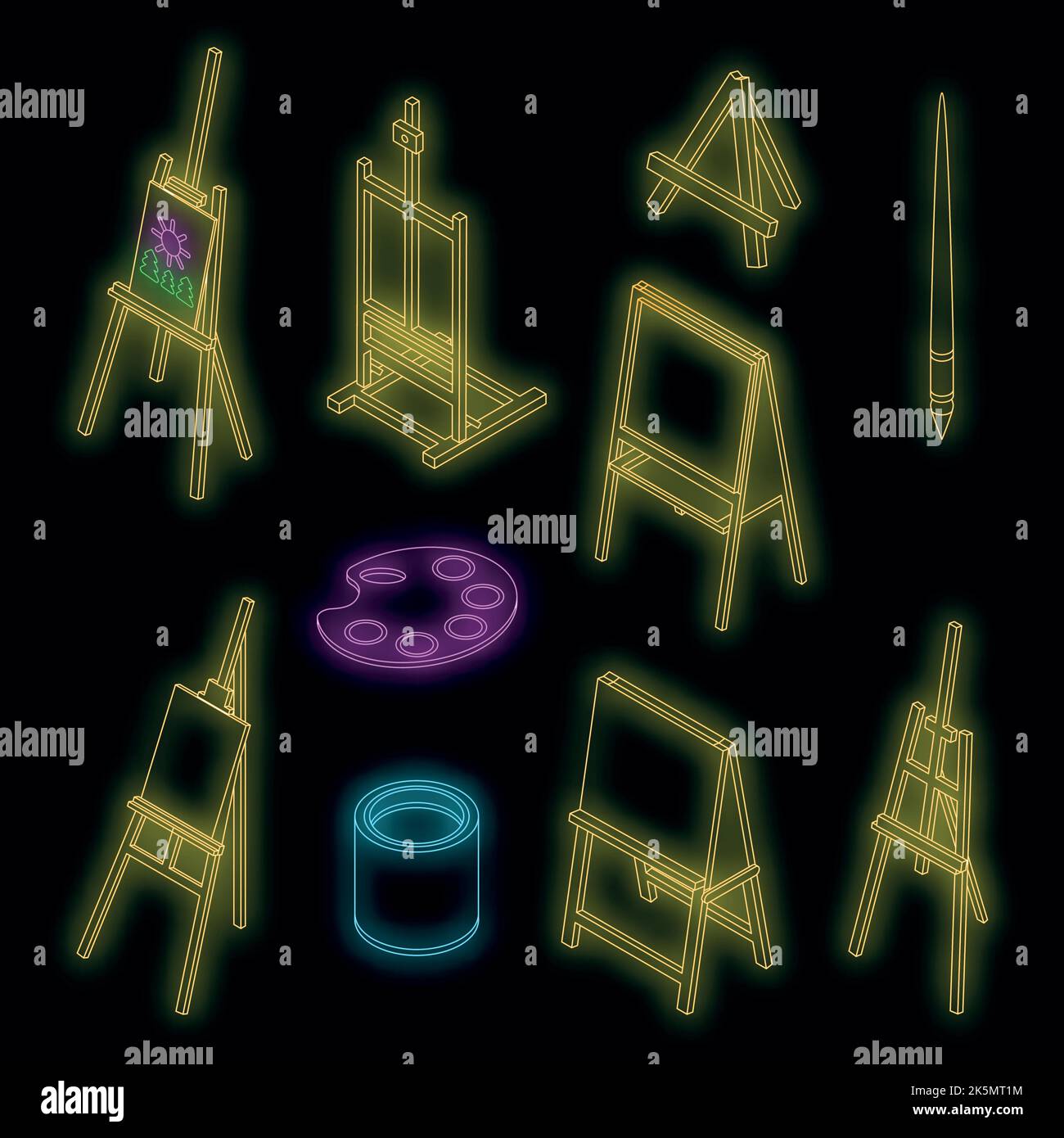 Easel icons set. Isometric set of easel vector icons neon color on ...