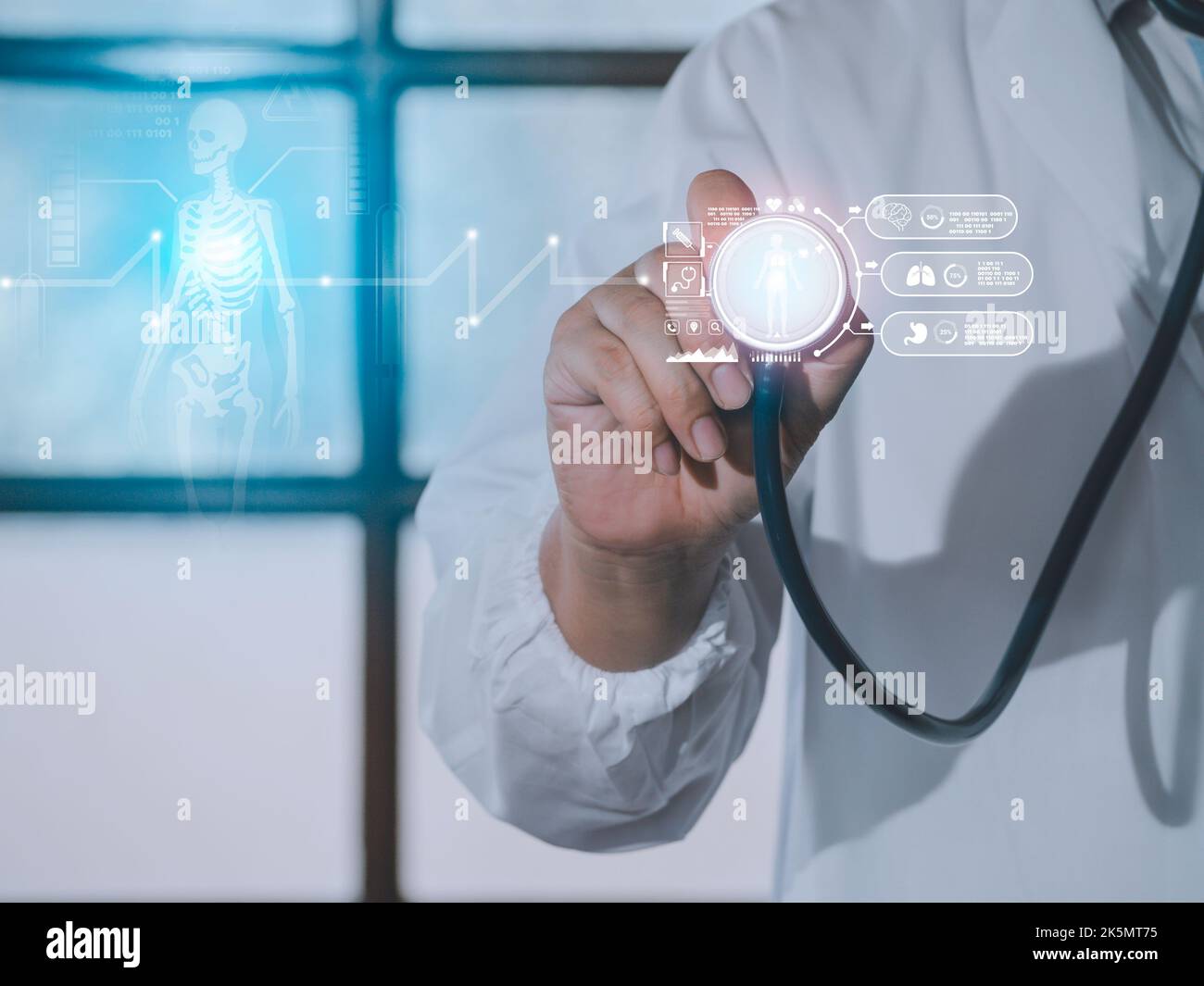 Male medicine doctor hand holding stethoscope in hand touching icon ...