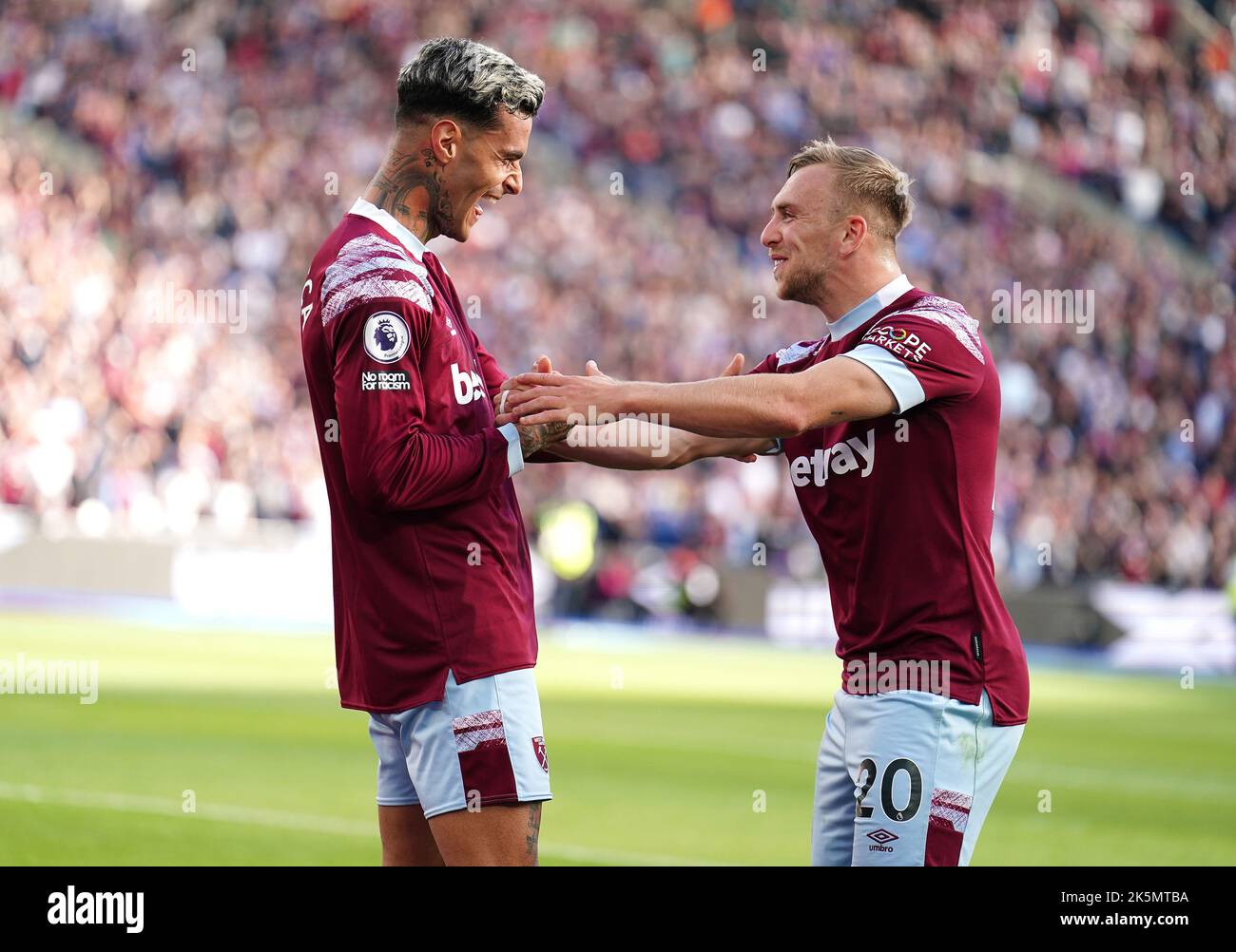 West Ham United's Gianluca Scamacca (left) celebrates scoring their ... West Ham United's Gianluca Scamacca (left) celebrates scoring their ...