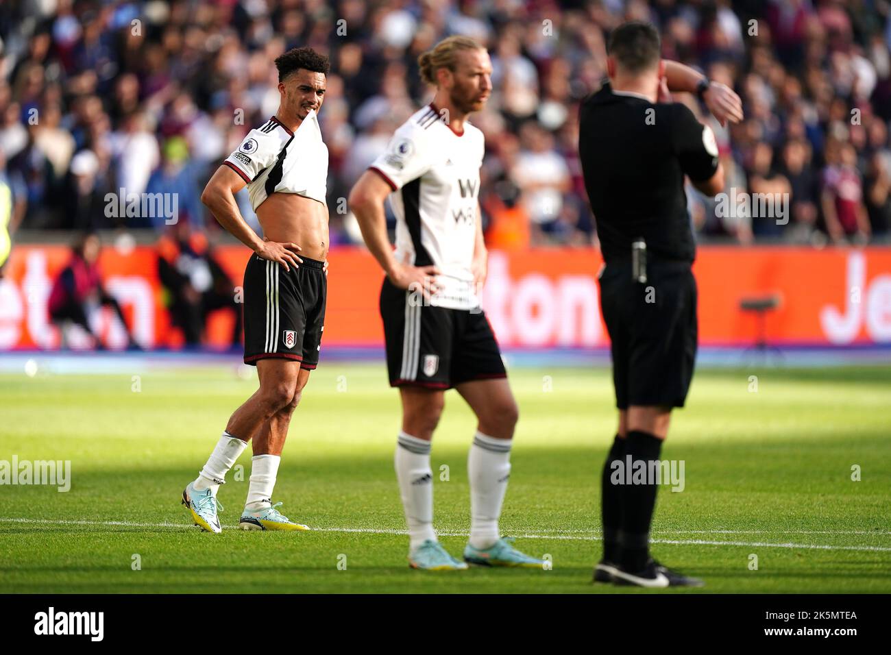 Fulham players await a VAR decision during the Premier League match at ...