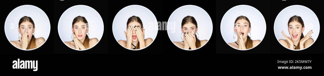 Surprised face collage. Emotion collection. Portrait panorama. Shocked ...