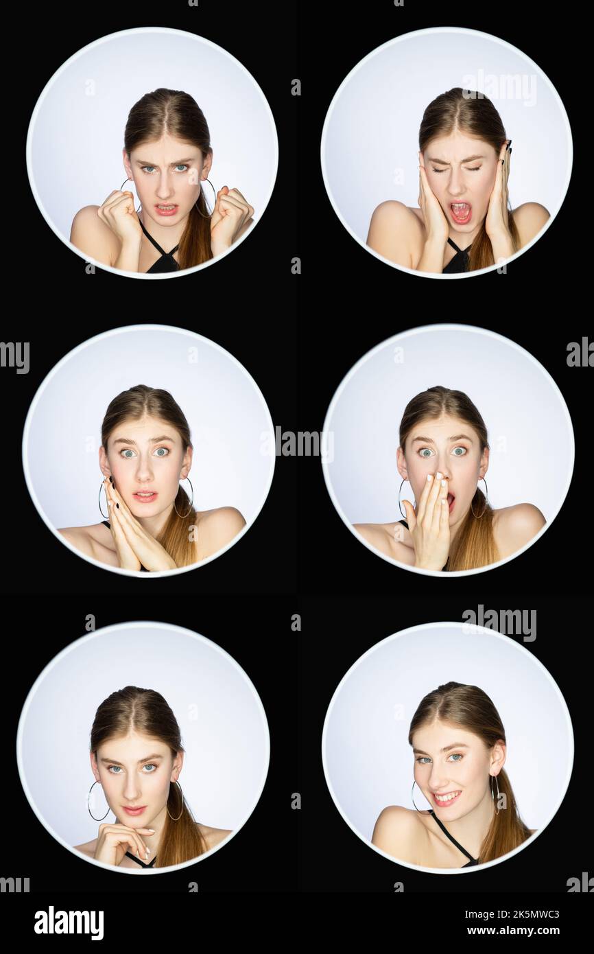 Face collage. Mood swing. Different emotion collection. Positive and ...