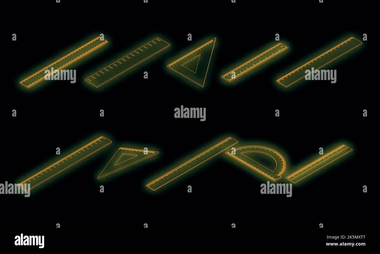 Ruler icons set. Isometric set of ruler vector icons neon color on ...