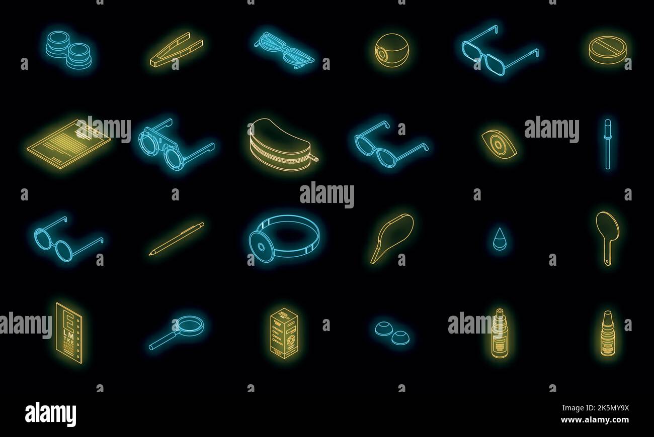 Optician icons set. Isometric set of optician vector icons neon color ...