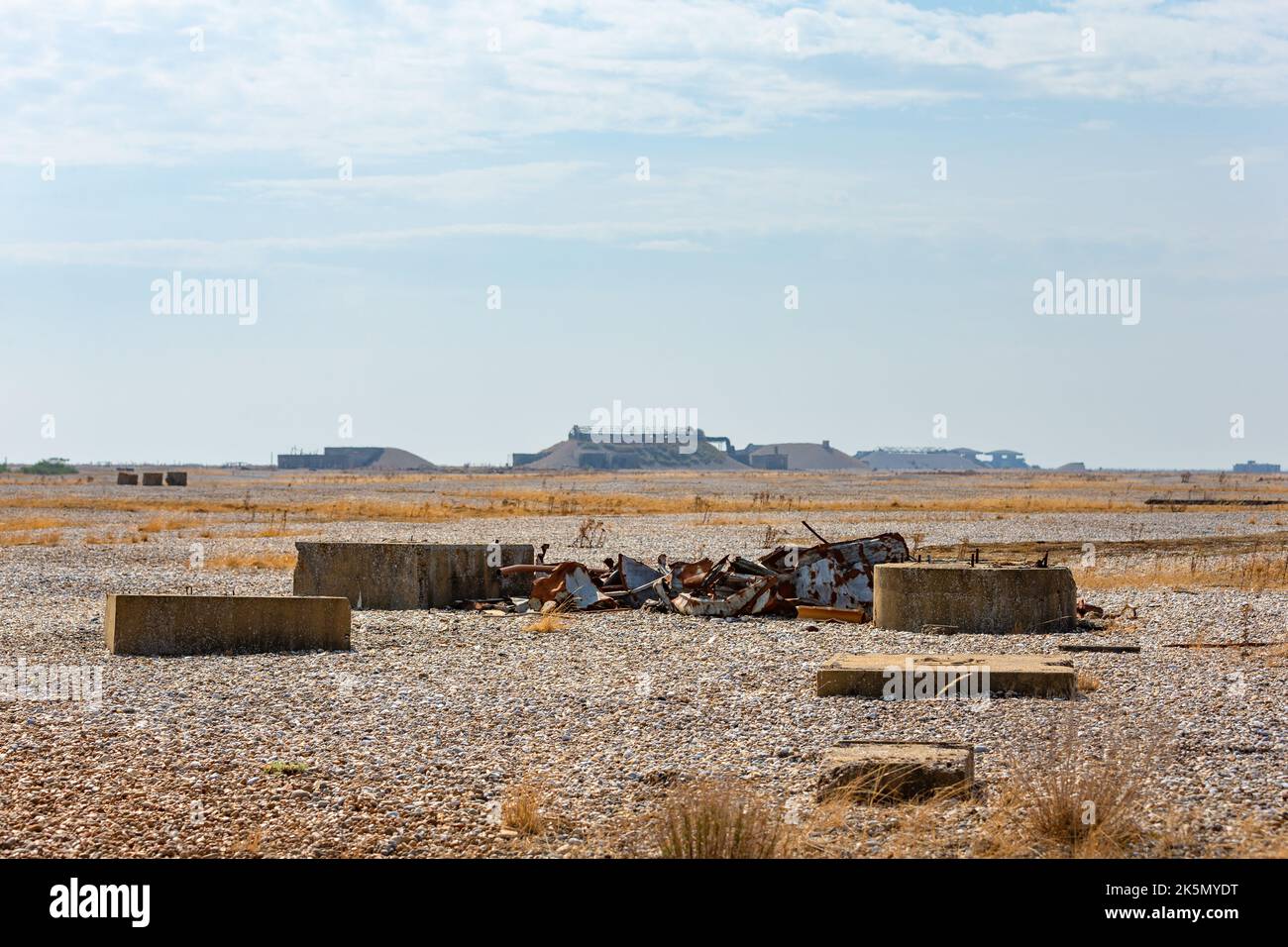 Debri in a shingle landscape with ballistic testing laboratories in the ...