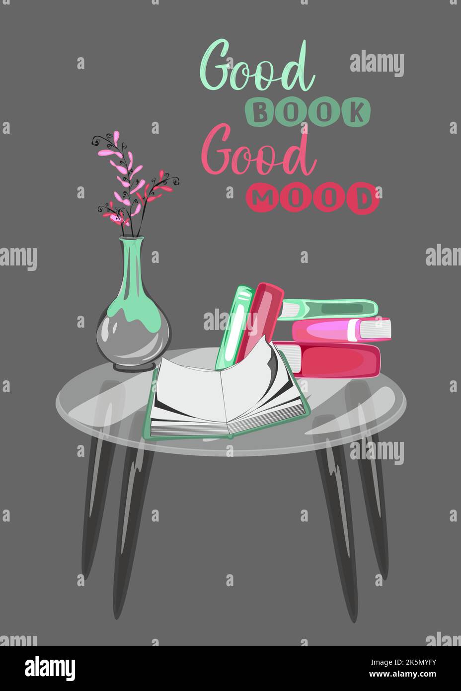 Vector poster of Glass table with books and vase with flowers on it ...