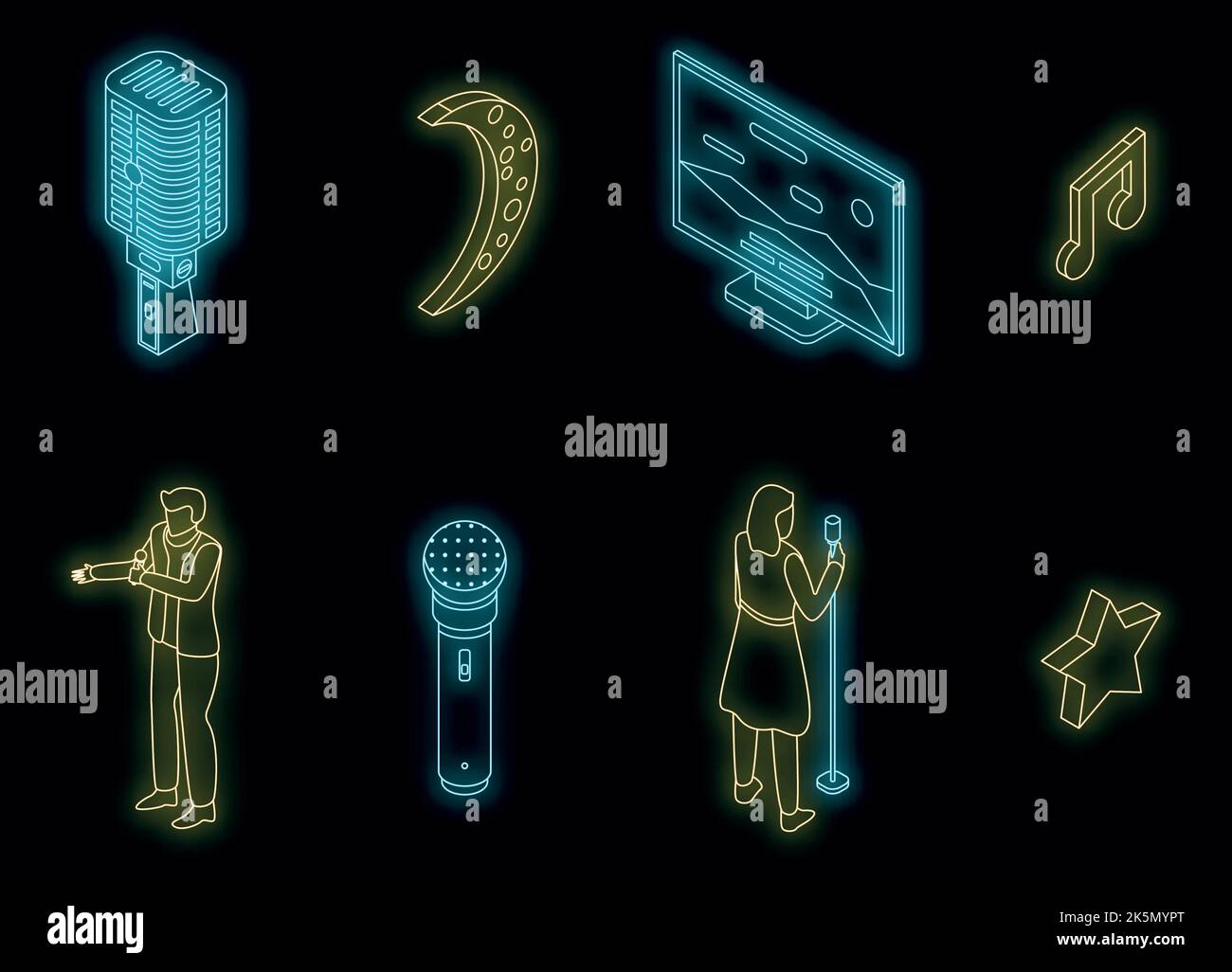 Karaoke icons set. Isometric set of karaoke vector icons neon color on black Stock Vector Image ...