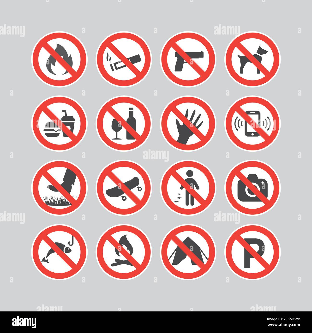 Red prohibition vector sign icon set. No smoking, no pets, no camera ...
