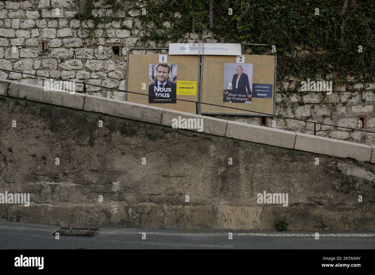 Menton, France - April 20, 2022: Electoral posters with Emmanuel Macron ...